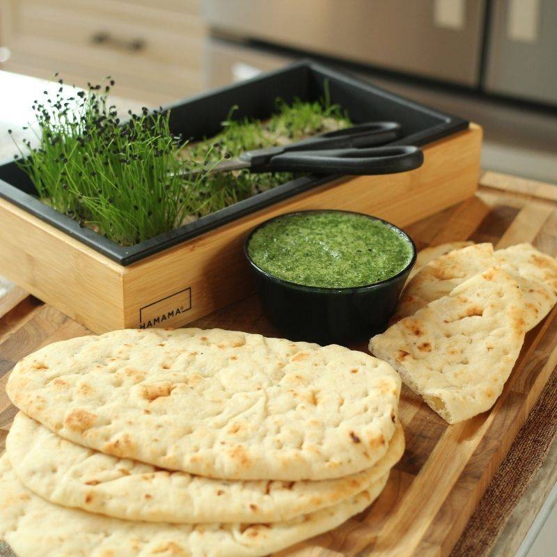Garlicky Chive Micro-herbs Chutney with Naan Bread – Hamama
